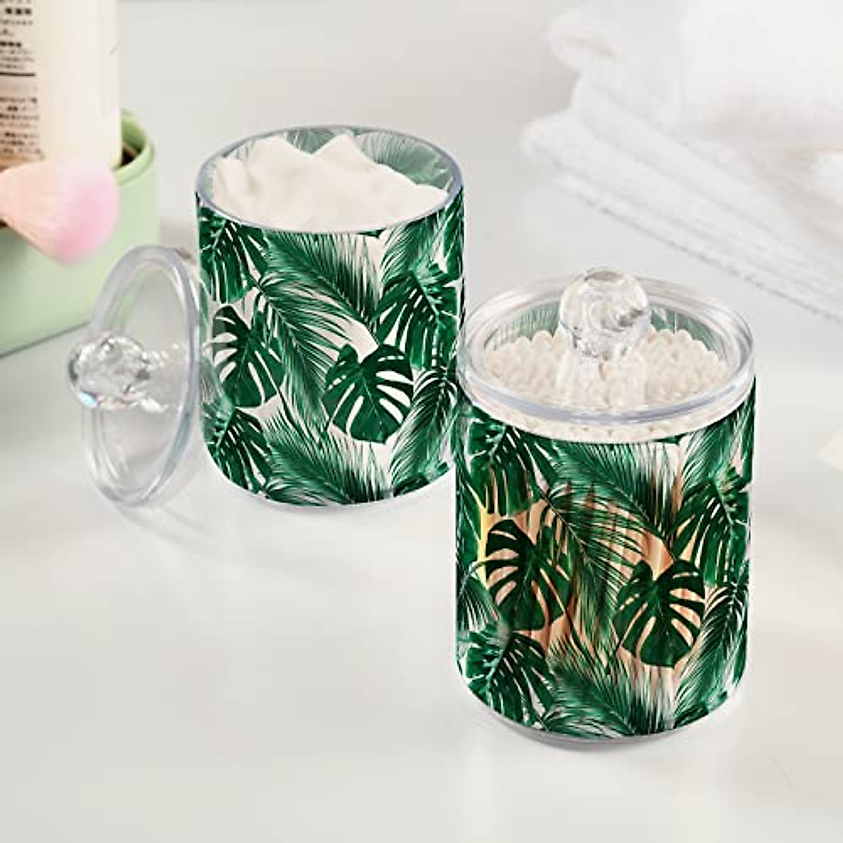 MNSRUU 2 Pack Qtip Holder Organizer Dispenser Tropical Palm White Bathroom Storage Canister Cotton Ball Holder Bathroom Containers for Cotton Swabs/Pads/Floss