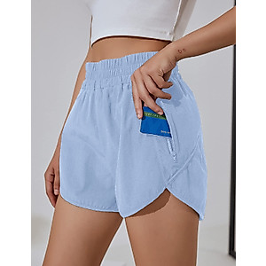 Blooming Jelly Womens High Waisted Running Shorts Athletic Workout Shorts Quick Dry Pants with Zipper Pocket(Small,Sky Blue)