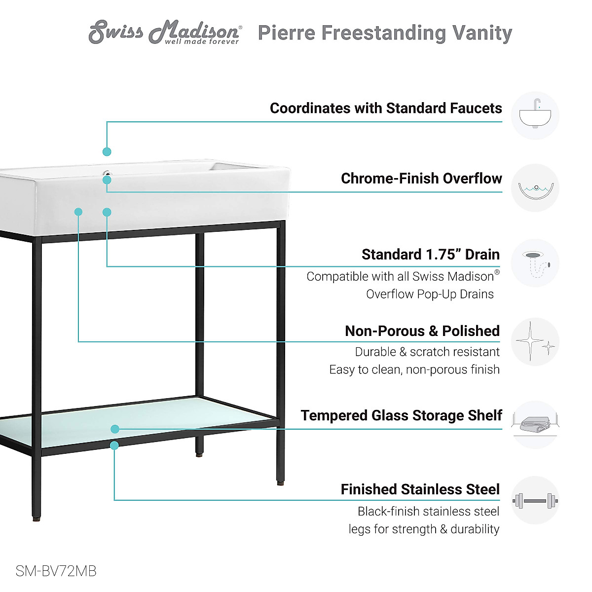 Pierre 32 Single, Freestanding, Open Shelf, Matte Black Metal Frame Bathroom Vanity