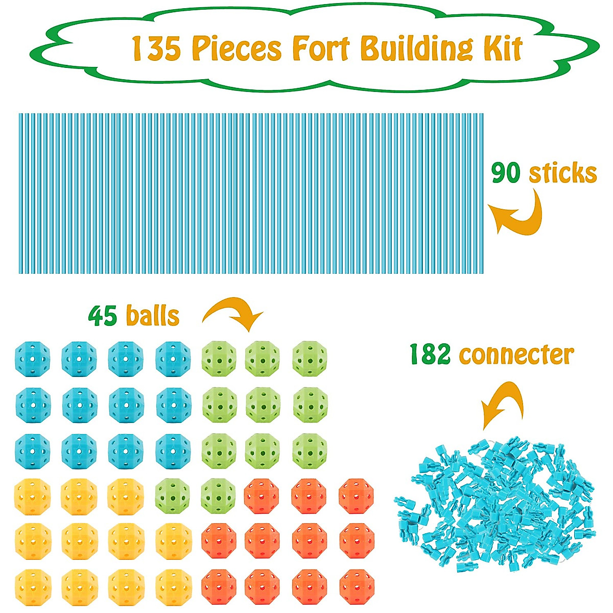 Kids Fort Building Kit,135Pcs Construction Toys for 3-12 Years Old Boys and Girls Indoor&Outdoor Toys Gift DIY Castles Tunnels Play Tent Rocket Tower