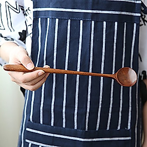 Long Spoons Wooden, 5 Pieces Korean Style 10.9 inches 100% Natural Wood Long Handle Round Spoons for Soup Cooking Mixing Stirrer Kitchen Tools Utensils, FDA Approved(Korean Style Soup Spoon)