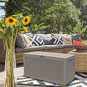 Modern-Depo 100 Gallon Deck Box Waterproof Outdoor Storage Bench Resin Garden Tools Pool Towel Storage Bin Porch Delivery Box, Brown