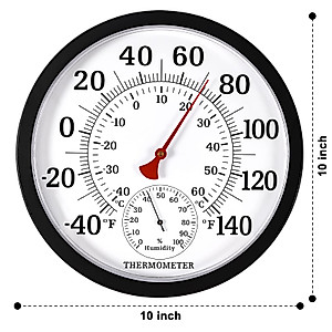 10.5 Inch Indoor Outdoor Thermometer Large Numbers - Weather Thermometer Hygrometer Waterproof, No Battery Needed Outdoor Thermometers for Patio, Home, Garden Decoration (Black)