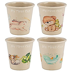 Bamboo Cups for Kids - Set of 4-4 oz Bamboo Cups with Adorable Childrens Art - Kids Cups for Drinking - Bathroom Cups, Toddler Smoothie Cup - Eco Friendly Shatter Proof BPA Free Open Child Cup