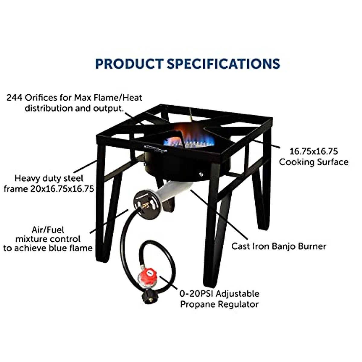 Flame King Heavy Duty 200K BTU, 0-20 PSI, Propane Gas Single Burner Bayou Cooker Outdoor Stove for Home Brewing, Turkey Fry, Maple Syrup Prep, Cajun Cooking