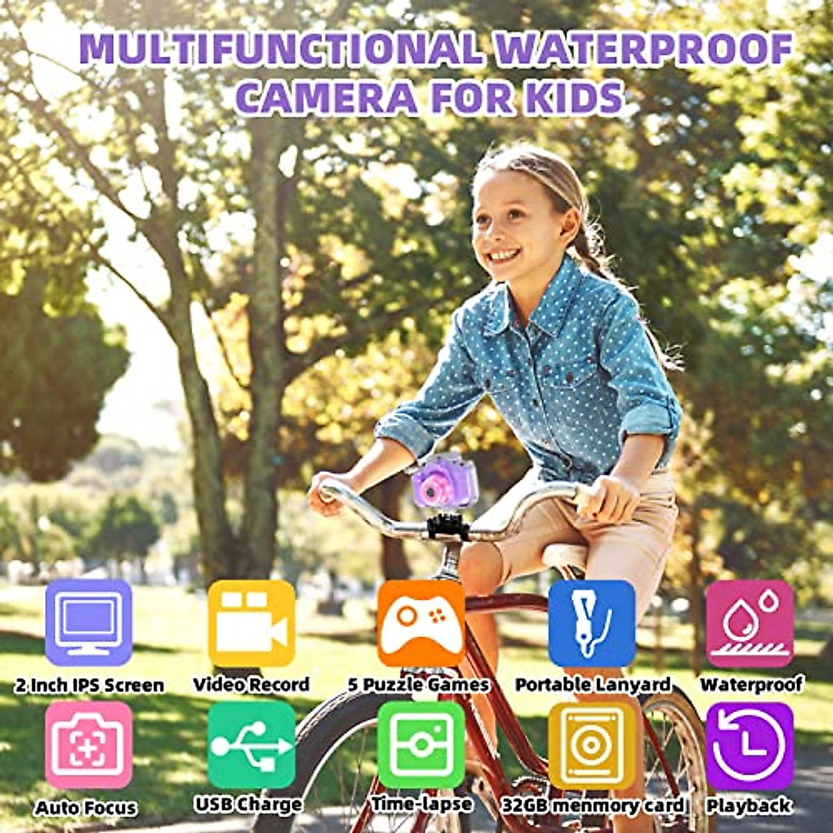 Miiulodi Kids Waterproof Camera - Birthday Gifts for 3 4 5 6 7 8 9 10 Year Old Girls 2 Inch IPS Screen Underwater Action Camera with 32 GB SD Card, Pool Toys for Kids Age 8-12 Pink