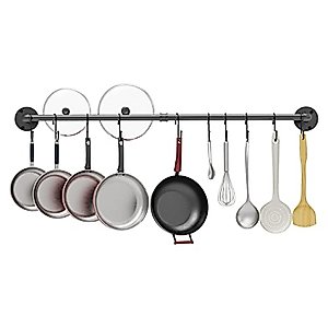 Auroglint Wall Mounted Pan Rack, Pan Organizer Hanging Pots Holder Kitchen Storage Shelf with 17 Hooks—black