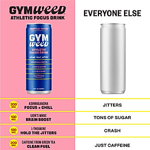 GYM WEED Athletic Focus Drink with KSM-66 Ashwagandha, Lion's Mane Mushroom, L-Theanine, 200mg Green Tea Caffeine with Natural Sweeteners Variety Pack of flavors, 12 Pack