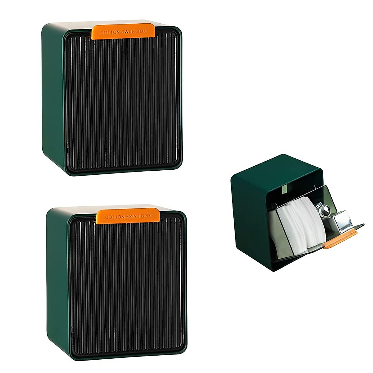 Woonsoon 2PCS Wall Mounted Qtip Holder Canisters for Cotton Ball, Floss, Swab, Round Pads, Plastic Bathroom Storage Organization, Home & Office Small Clear Organizer Container (2PCS Green)