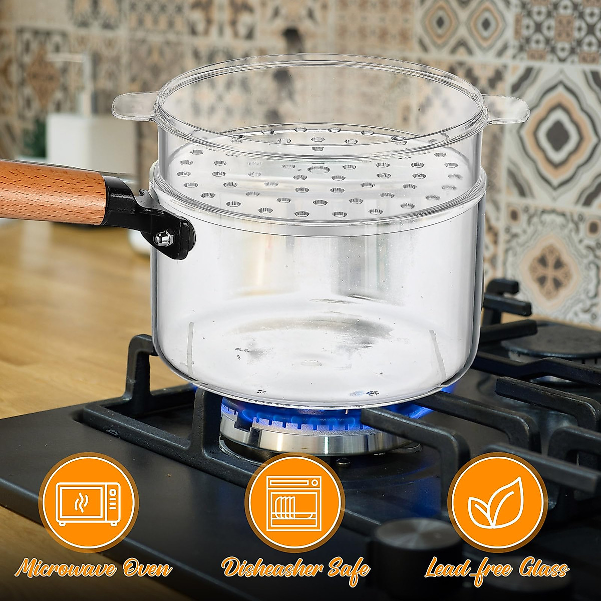 Baderke Small Glass Pot for Cooking with Steamer Lid Brush Spoon Set Glass Cooking Pan for Pasta, Soup, Vegetable, Gravies, Vegetable and More(Style 1)