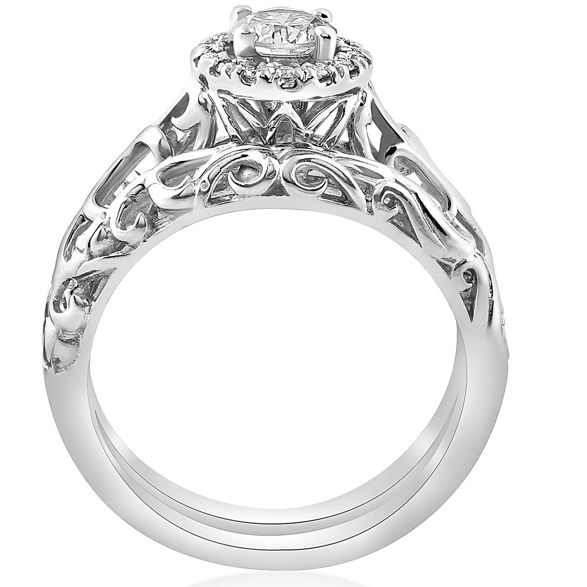 5/8ct Round Diamond Vintage Engagement Wedding Ring Set 14K White Gold - Size 4