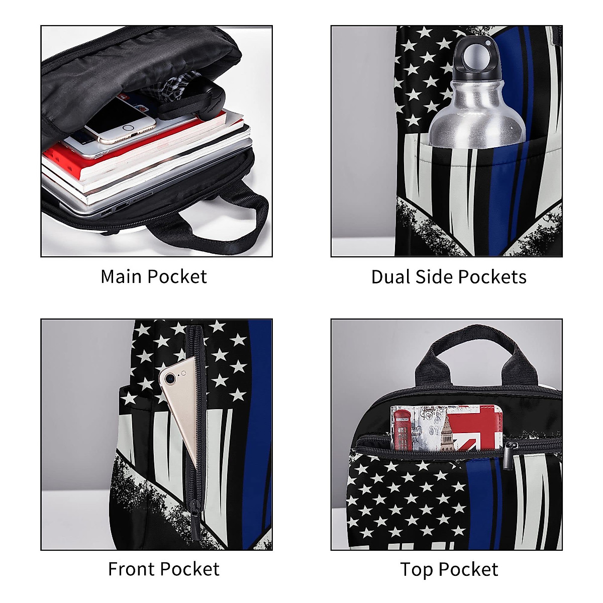 SWEET TANG American Thin Blue Line Flag Police love heart pattern black Backpack for Men Travel Laptop Backpack College Backpack Laptop Bag for Women