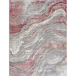 Hauteloom Liverpool Modern Abstract Bedroom Living Room Area Rug - Marble Swirl Pattern - Contemporary Bohemian Farmhouse - Pink, Red, Grey, Off White - 7'10" x 10'