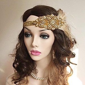 Asooll 1920s Feather Headband Gold Vintage Crystal Flapper Headpiece Headdress Prom Head Accessories for Women and Girls