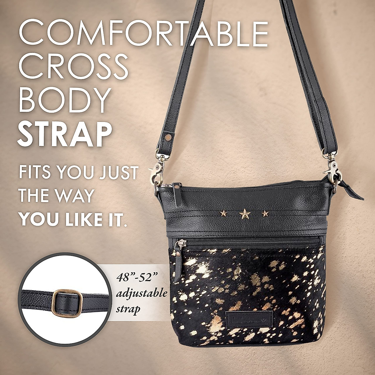 SIXTEASE Crossbody Bag for Women Vintage Style Genuine Leather, Upcycled Canvas, Rug, or Hair On - Cross Body Womens Bags with Inside Zipper Pockets - Black