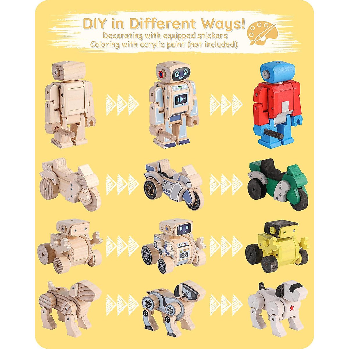 SainSmart Jr. 4-in-1 STEM Kits, Wooden Robot Assembly Toy Set, Woodworking Crafts Projects for Kids, Gift for Boys and Girls