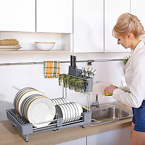 Ollieroo Dish Drying Rack, Rustproof Dish Racks for Kitchen Counter with Removable Utensil Holder,Knife Slots and Cups Holder,Large Capacity Drying Rack for Storage Plates Bowls Cups Utensil(Grey)