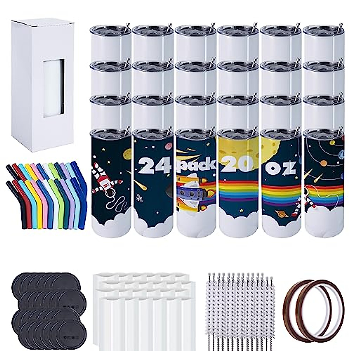 Taitaibao 24 Pack Sublimation Tumblers Blank 20 oz Skinny straight Bulk for Heat Transfer,Stainless Steel Double Wall Insulated Sublimation Tumbler with Lids,and Straw,Individually Boxed