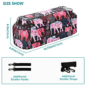 Sinestour Beautiful Elephants Stroller Organizer with Cup Holder Universal Stroller Organizer Bag Detachable Shoulder Strap Stroller Accessories for Diaper Toys Phone Keys Fit All Baby Stroller