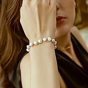 Cowlyn Pearl Bracelet Chain Link Baroque Culture Bossimi 14K Gold Filled Adjustable Fashion Valentine Charm Dainty Handmade Jewelry for Women Wife Girls Mother（with Gift Box）