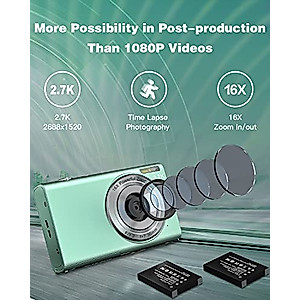 Digital Camera 2.7K 48MP Vlogging Camera, Auto Focus Digital Point and Shoot Camera with 32GB Memory Card,16X Zoom-Pink