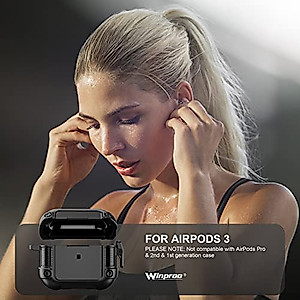 Winproo Armor Airpods 3rd Generation Case Cover with Lock Clip, Military Hard Shell Full-Body Shockproof Protective Case Skin with Keychain for Airpods 3rd Gen (Black)