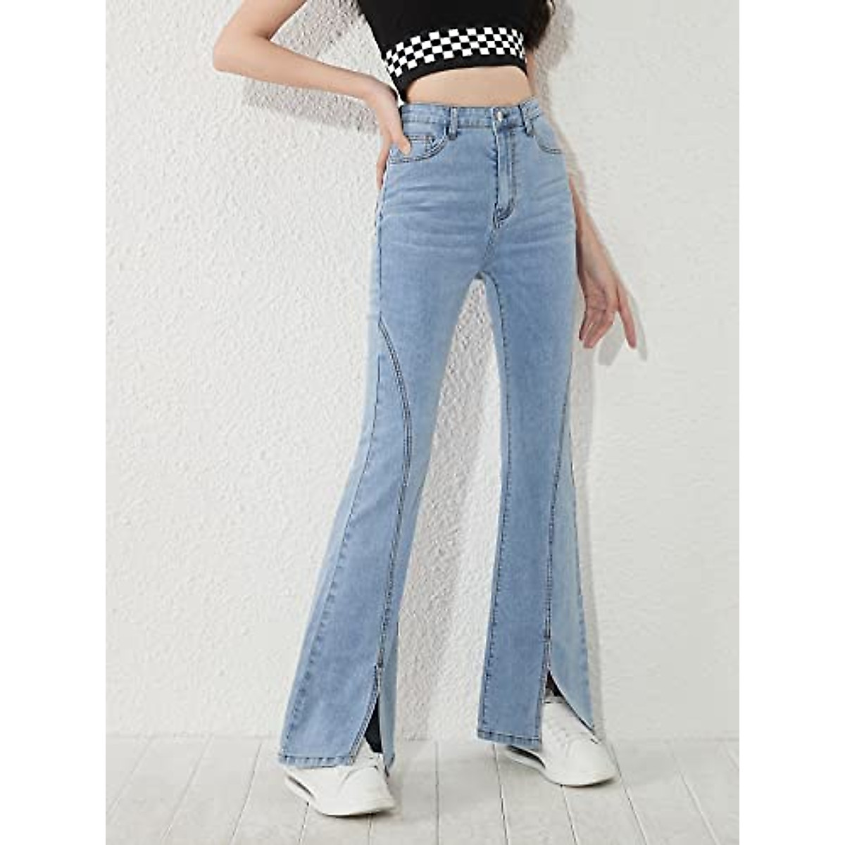 Floerns Girl's High Waisted Split Hem Flare Leg Button Up Zipper Fly Denim Jeans Light Wash 14Y