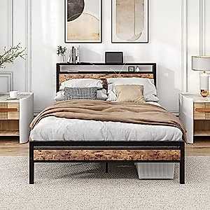 BOFENG Full Size Bed Frame with Storage Headboard/Charging Station,Heavy Duty Metal Platform Bed Frame Full,Reinforced Steel Slats Support, No Box Spring Needed/Easy Assembly/Noise Free/Rustic Brown