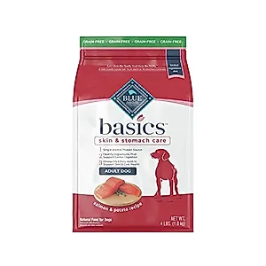 Blue Buffalo Basics Skin & Stomach Care, Grain Free Natural Adult Dry Dog Food, Salmon & Potato 4-lb
