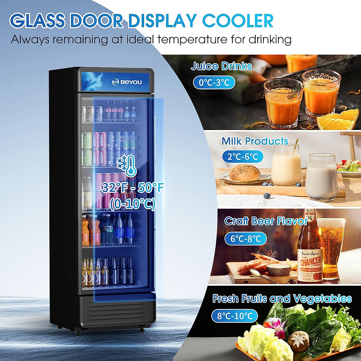 BEYOU Commercial Refrigerator, 12.2 cu. Ft Upright Beverage Display Merchandiser with single Glass Door, Drink Cooler for Living Room,Bar,Garage（Black）