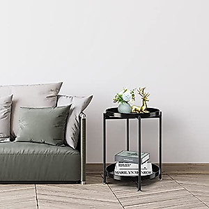 danpinera 2-Tier Round Side Table, Metal End Table with Removable Tray, Small Outdoor Table Folding Accent Table, Anti-Rust Black Nightstand for Bedroom Balcony Patio (Black)