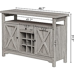 Farmhouse Coffee Bar Cabinet, 47" Kitchen Buffet Storage Cabinet with 9 Wine Racks, Sideboard Buffet Cabinet with 2 Barn Doors and Drawer, Wine Bar Cabinet for Dining Room, Living Room, Rustic Gray