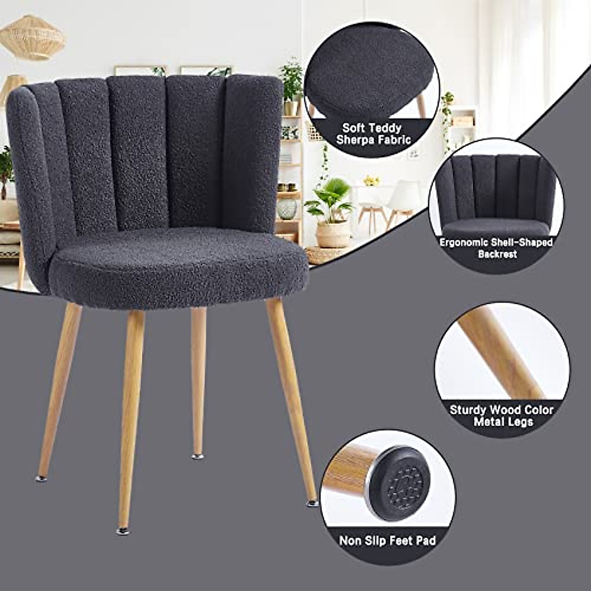 MIDLADE Grey Teddy Sherpa Upholstered Dining Chair Set of 4 Mid-Century Modern Accent Comfy Fluffy Side Chair with Comfortable Backrest for Living Room Bedroom Kitchen Makeup Vanity Chair