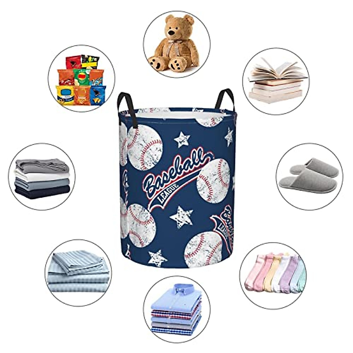 Baseball Laundry Hamper Collapsible Laundry Baskets with Handles Dirty Foldable Clothes Basket Easy Carry Laundry Bag Round Storage Basket for Bedroom Toy Blue