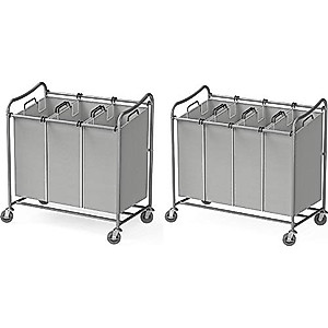 Simple Houseware Heavy-Duty 3-Bag Cart + 4-Bag Laundry Sorter Cart, Silver