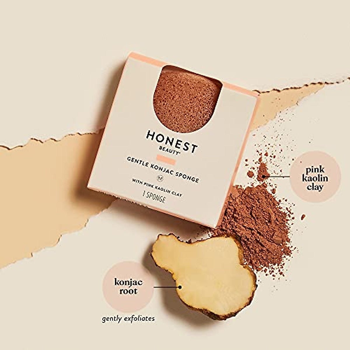 Honest Beauty Gentle Konjac Sponge with Pink Kaolin Clay |Soft Exfoliating Facial Sponge |Buff & Soften Skin | 1 count
