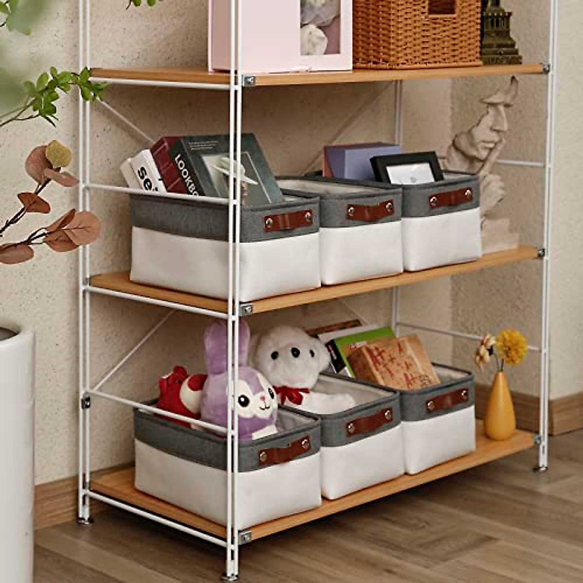 FENQDOOU Storage Bins[6 Pack], Collapsible Fabric Storage Baskets with Handles for Cupboards, Wardrobe, Shelves, Bathroom, Clothes, Toys, Towel (11.8 x 7.8 x 5.9 inches, Gray/ White)