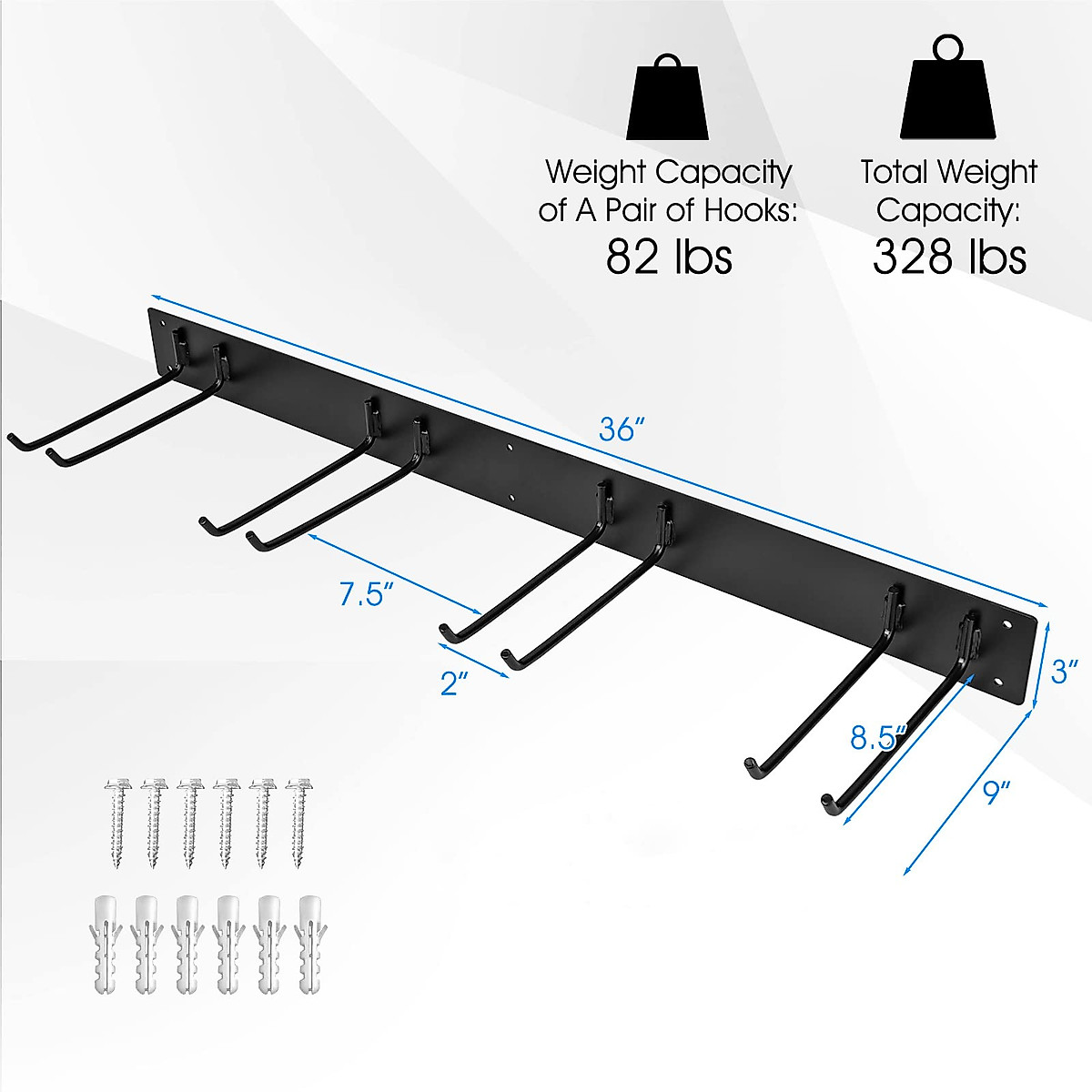 Nightcore Garage Tool Storage Rack, Wall Mounted Storage Organizer w/4 Double Layer Hooks, Heavy-duty Powder-coated Garden Tool Hanger for Rake, Shovel, Ski, Broom, Chair