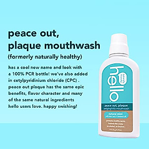 Hello Peace Out Plaque, Antigingivitis Alcohol Free Mouthwash, Natural Mint with Aloe Vera and Coconut Oil, Fluoride Free, Vegan, SLS Free and Gluten Free, 16 Ounce (Pack of 3)