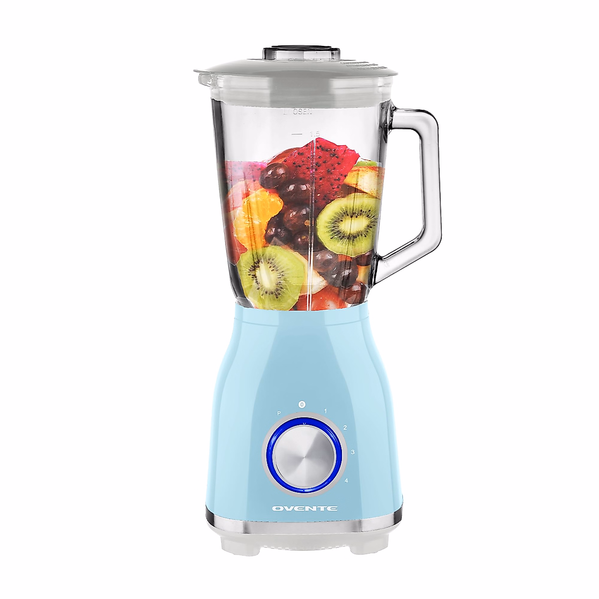 OVENTE Countertop Kitchen Blender with 550 Watts, Stainless Steel Blades, 4 Speed Settings, 50oz Glass Jar for Shakes, Smoothies, Purees, Crushed Ice, Frozen Drinks, Sauces, & More, Blue BLH2604LBL
