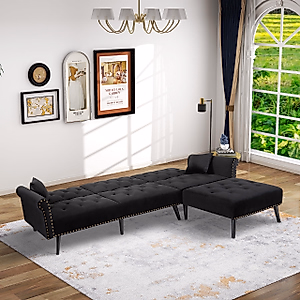 KoiHome Sectional Sofa Right Hand Facing Velvet Button Tufted, L Shape Chaise with Nail Head Detail, Modern 4 Seat Cushion & Wood Leg, 2 Pillows, Couch for Living Room,Office, Black