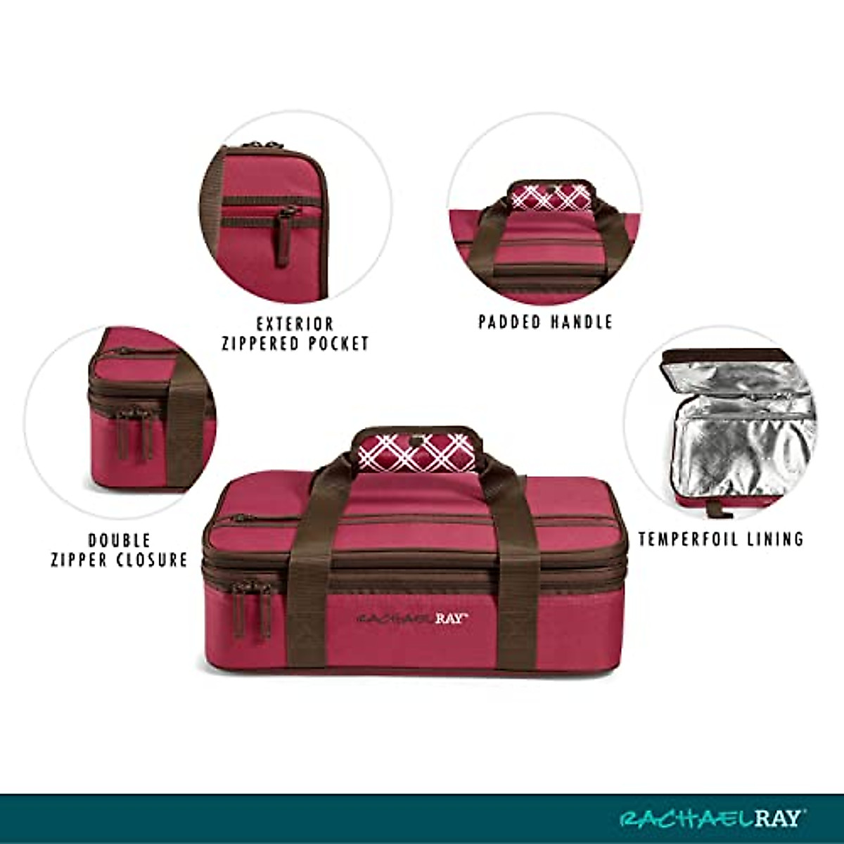 Rachael Ray Expandable Insulated Casserole Carrier for Hot or Cold Food, Thermal Lasanga Lugger Tote for Pockluck, Parties, Picnic, and Cookouts, Fits 9" x 13" Baking Dish, Burgundy