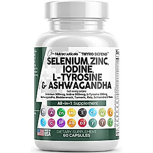 Selenium 300mcg Zinc 50mg Iodine 500mcg L Tyrosine 500mg Ashwagandha 6000mg - Thyroid Support Supplement for Women and Men with Bladderwrack, Turmeric, Kelp, Schisandra - Made in USA 60 Caps