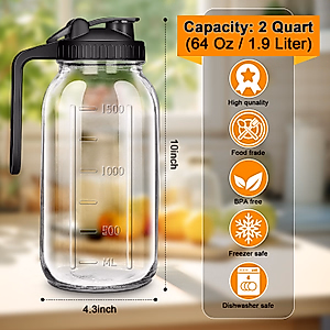 64oz Glass Pitcher with Lid, 2 Quart Mason Jar Pitcher with Lid and Spout, Wide Mouth Breast Milk Pitcher Glass Jug Sun Tea Pitcher, Cold Brew Coffee Pitcher, Fridge Container for Water, Juice, Tea