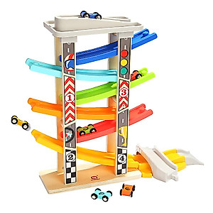 TOP BRIGHT Toddler Car Track Toys for Boy 2 Year Old Gifts with Car Ramps 6 Wood Race Car 1 Parking Garage & Extra Bridge