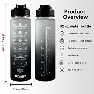 FuelUp Motivational Water Bottle Black with Sleeve, Flip Top Durable BPA Free Tritan Non-Toxic Frosted Bottle Perfect for Office, School, Gym and Workout
