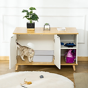 PawHut Wooden Cat Litter Box Enclosure, Hidden Cat Washroom, Kitty End Table, Furniture Style with Double Doors & Adjustable Storage Shelf, Oak