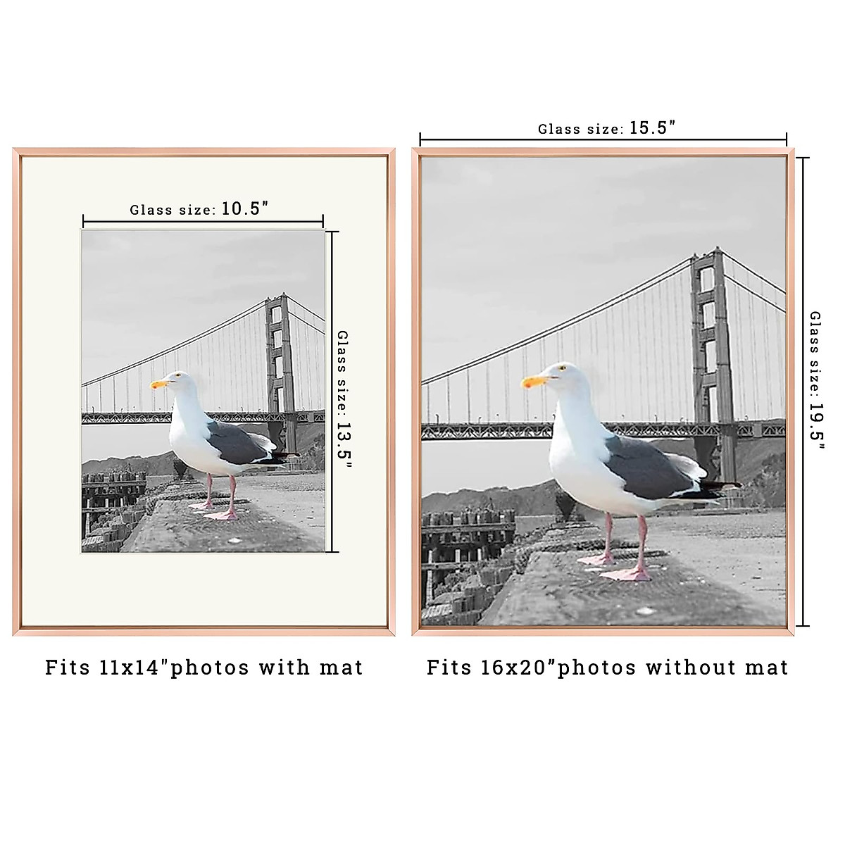 Frametory, 16x20 Metal Picture Frame with Mat for 11x14 Picture & Real Glass, Aluminum Photo Frame Collection (Rose Gold, 1 Pack)