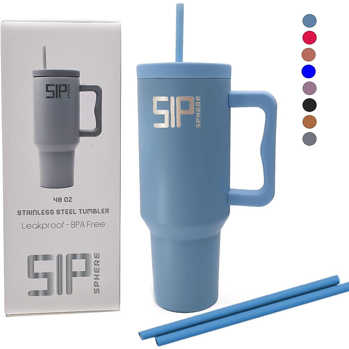 SIP SPHERE 40oz, Travel Mug, Insulated Thermal Mug, 2 Straw Tumbler, Reusable Coffee Mug, Drinking Glass, Tumbler Cup for Coffee, Tea, Whiskey, Juice (Baby Blue)