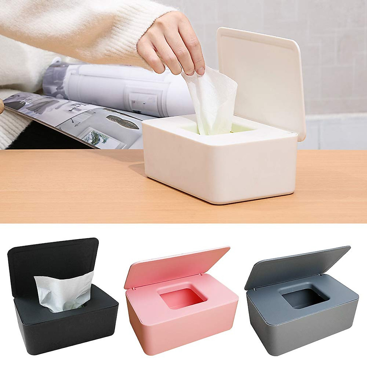 Wipes Dispenser, Baby Wipes Case, Dustproof Moisture-Keeping with Lid, Storage Case Tissues Box Non-Slip Wipe Container with Sealing Design for Home Office(Black)